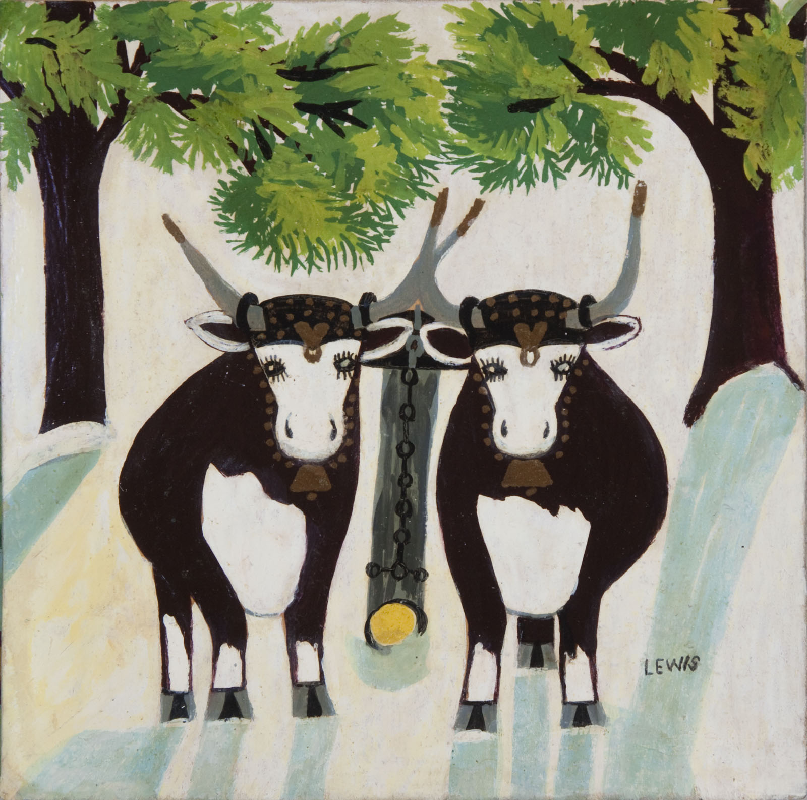 Two Oxen in Winter (Gold Adornments) – Maud Lewis